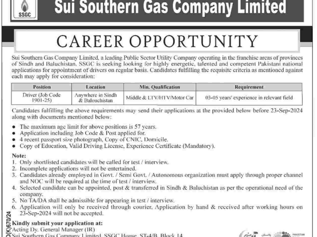 SSGC Jobs (Sui Southern Gas Company Jobs) [Male+Female]